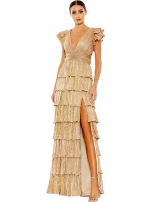 Mac Duggal Ruffle Tiered Criss Cross Lace Up Gown - Gold