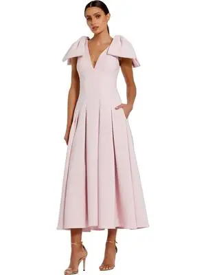 Mac Duggal Crepe A-line Midi Dress With Bow Straps - Pink