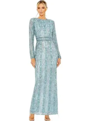 Mac Duggal Long Sleeve Beaded Gown With Crystal Fringe - Blue