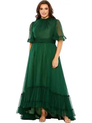 Mac Duggal Ruffle Tiered High-low Flutter Sleeve Gown - Green