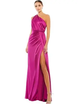 Mac Duggal Gathered One-shoulder Satin Faux Wrap Gown - Purple