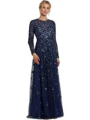 Mac Duggal Embellished High Neck A-line Gown - Navy