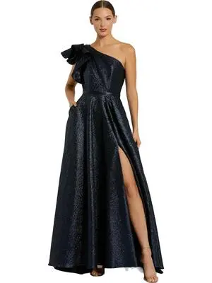 Mac Duggal One-shoulder Metallic Brocade Ball Gown - Navy