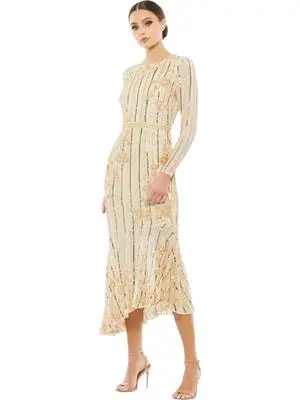 Mac Duggal Long Sleeve Embellished Tea Length Dress - Gold