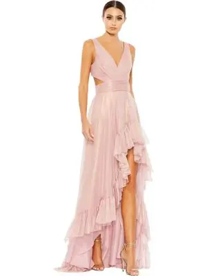 MAC DUGGAL Sheer Organza Overlay Ruffle Gown