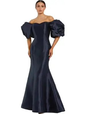 Mac Duggal Satin Off-the-shoulder Puff Sleeve Gown - Navy