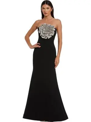 Mac Duggal Strapless Crepe Trumpet Gown With Rhinestone Flower - Black