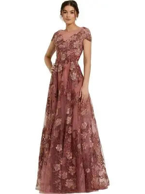 Mac Duggal Floral Embroidered Cap Sleeve Gown - Pink