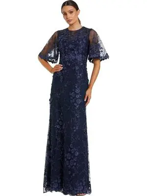 Mac Duggal Floral Embroidered Net Gown With Flutter Sleeves - Navy