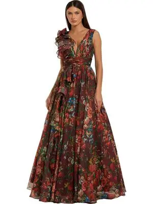 Mac Duggal Floral Chiffon Ruffle Ball Gown - Red