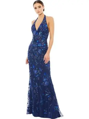 Mac Duggal Floral Embellished Halter Gown - Midnight