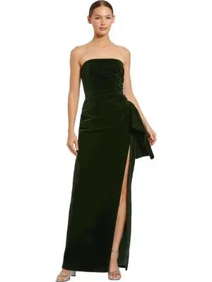 MAC DUGGAL Strapless High Slit Draped Velvet Gown
