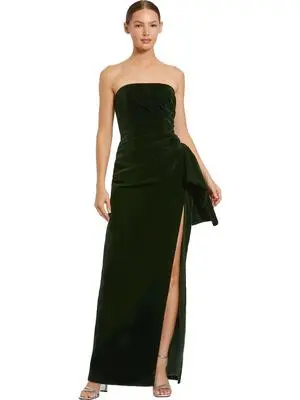 Mac Duggal Strapless High Slit Draped Velvet Gown - Green