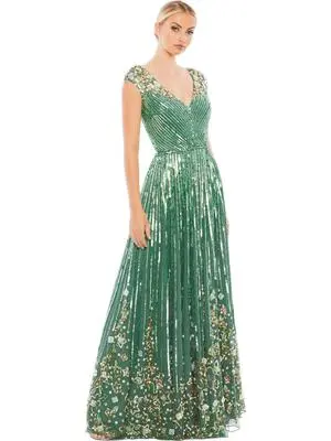 Mac Duggal Sequin Floral Embellished Evening Gown - Champagne