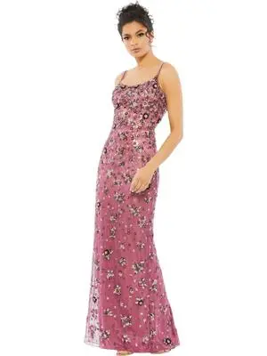 Mac Duggal Floral Embellished Scoop Neck Evening Gown - Pink