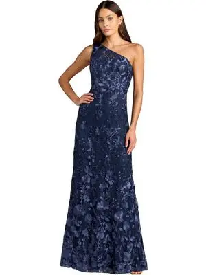 Mac Duggal One-shoulder Floral Embroidered Lace Gown - Navy