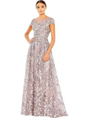 Mac Duggal Embellished Floral A-line Gown With Cap Sleeves - Purple