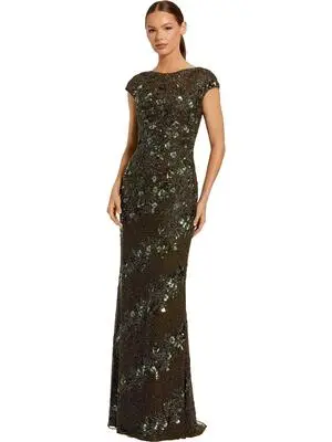 Mac Duggal Floral Embellished Cap Sleeve Column Gown - Green
