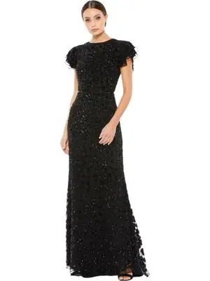 Mac Duggal High Neck Flutter Cap Sleeve Gown - Black