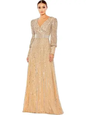 Mac Duggal Sequin Wrap Over Bishop Sleeve Gown - Gold