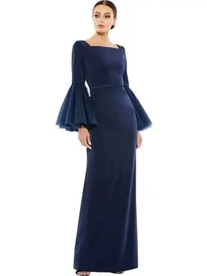 Mac Duggal Flounce Sleeve Square Neck Column Gown - Navy