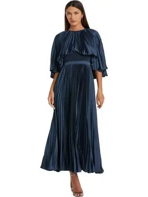 Mac Duggal Pleated Caplet Tea-length Dress - Navy