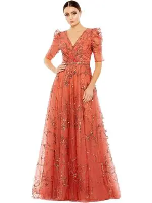 Mac Duggal Embellished Gathered Puff Sleeve Faux Wrap Gown - Orange