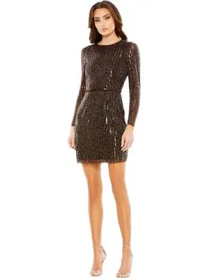 Mac Duggal Sequin Long Sleeve Mini Dress With Beaded Waist - Brown