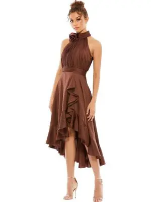 Mac Duggal Halter Neck Ruffled Midi Dress With Flower Detail - Brown
