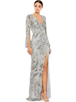 Mac Duggal Sequin Embellished Faux Wrap Gown With Split Sleeves - Gray