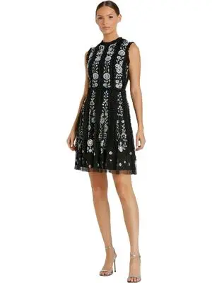 Mac Duggal Sleeveless High Neck Embroidered Mini Dress - Black