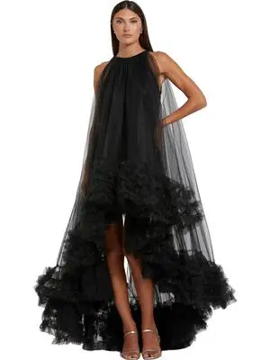 Mac Duggal Tulle High-low Gown With Ruffled Hem - Black