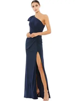 Mac Duggal Ruffled One-shoulder Draped Gown - Navy