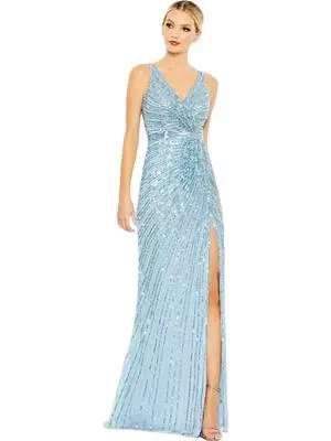 Mac Duggal Sleeveless Sequin Faux Wrap Gown - Blue