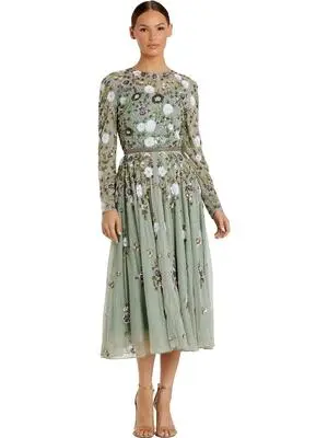 Mac Duggal Sequined Floral Long Sleeve High Neck Midi Dress - Green