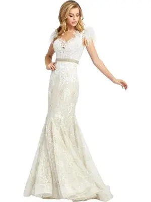 Mac Duggal Embellished Feather Cap Sleeve Trumpet Gown - White