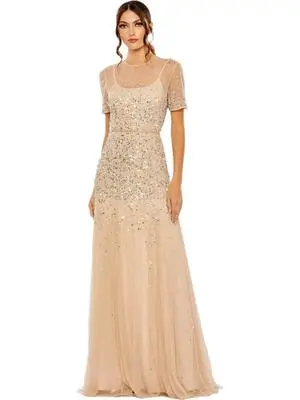 Mac Duggal High Neck Sequin Embellished Gown - Gold