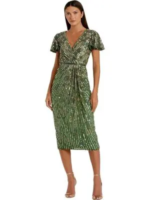 Mac Duggal Embellished Faux Wrap Flutter Sleeve Dress - Green