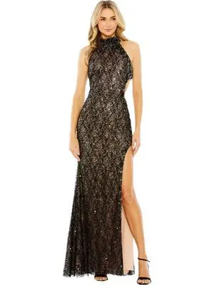 Mac Duggal Sequin Gown With High Neck And Side Cut-outs - Black