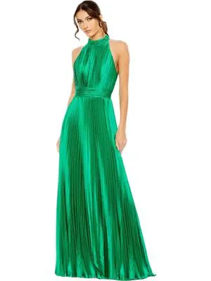 Mac Duggal Sleeveless Halter Neck Pleated Gown - Green