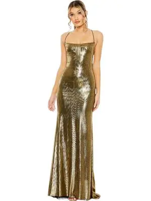 Mac Duggal Metallic Corset Back Column Gown - Gold