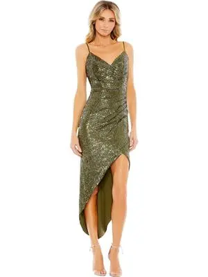 Mac Duggal Sequin Faux Wrap Asymmetrical Hem Dress - Olive