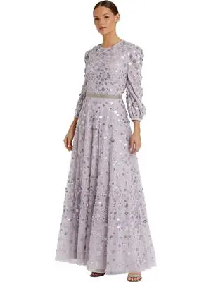 Mac Duggal Floral Applique Puff Sleeve A-line Gown - Purple