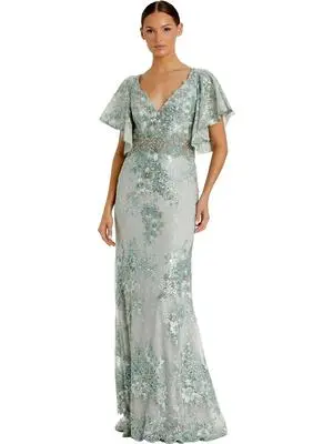 Mac Duggal Floral Embellished Bell Sleeve Gown - Green