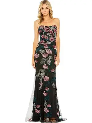 Mac Duggal Floral Embroidered Strapless Gown - Black