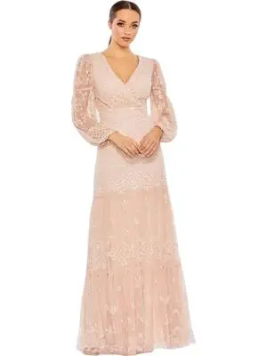 Mac Duggal Sequined Tiered Wrap Over Gown - Pink