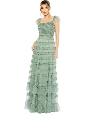 Mac Duggal Ruffle Cap Sleeve Tiered Gown - Green