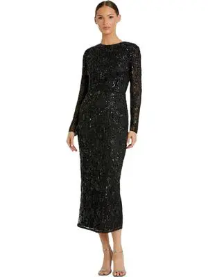 Mac Duggal High Neck Long Sleeve Embellished Dress - Black