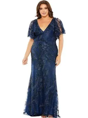 Mac Duggal V-neck Flutter Sleeve Embellished Gown - Midnight
