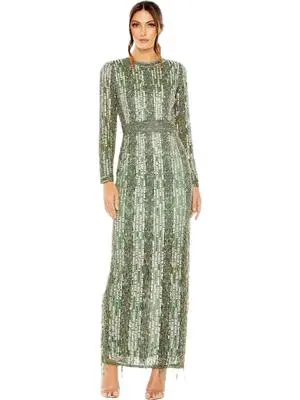 Mac Duggal Long Sleeve Beaded Gown With Crystal Fringe - Green